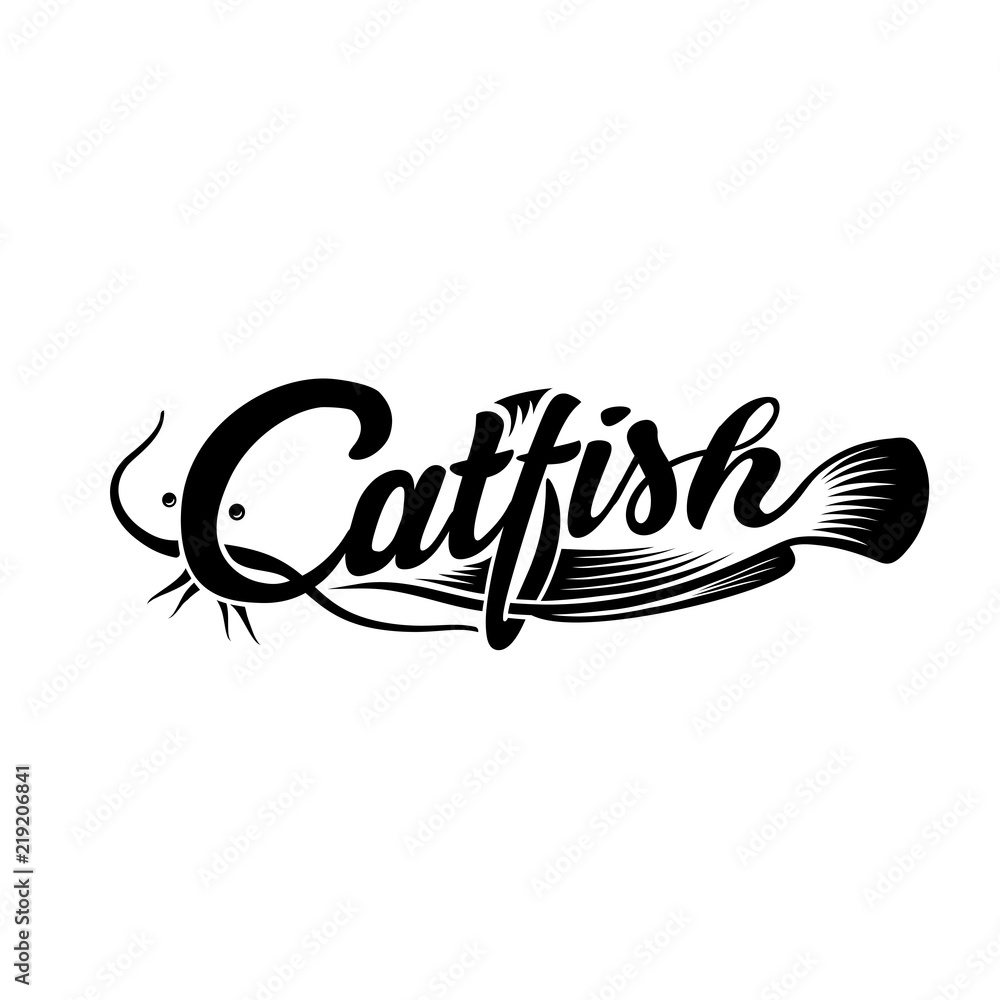 Catfish logo. Black and white lettering design. Decorative inscription ...