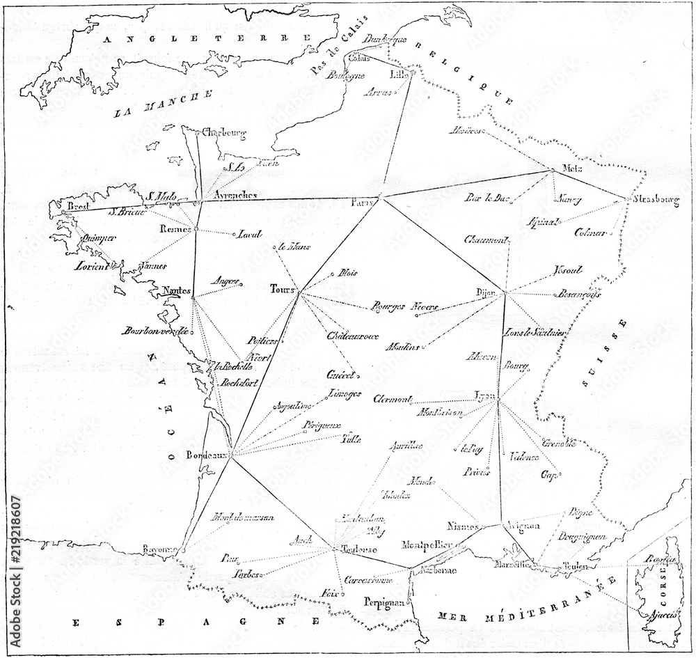 Map of telegraph lines in France and its branch lines, vintage ...