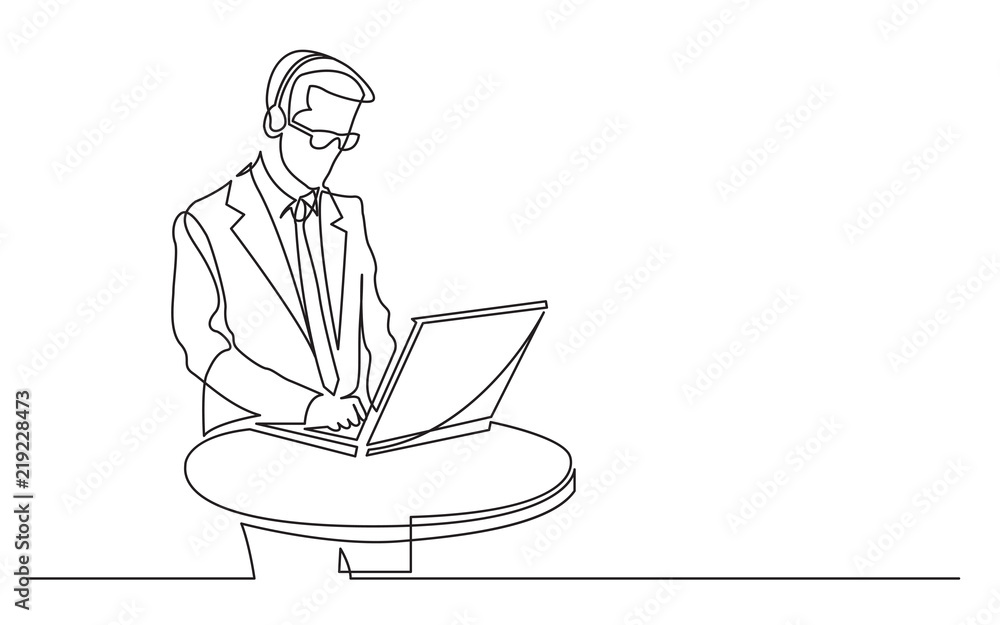 continuous line drawing of standing call center worker with laptop ...