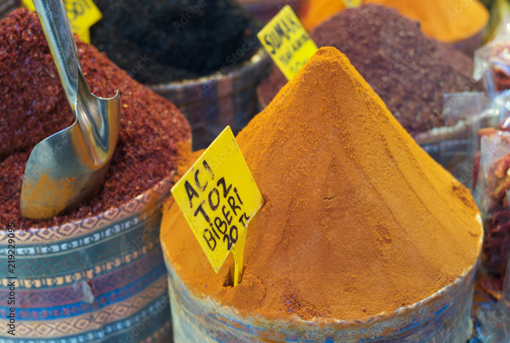 Spices at the Egyptian Bazaar, Istanbul, Turkey; translation front sign ...