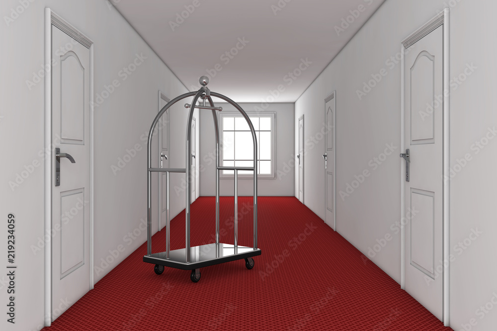 Silver Luxury Hotel Luggage Trolley Cart in Hotel Building Hallway. 3d ...