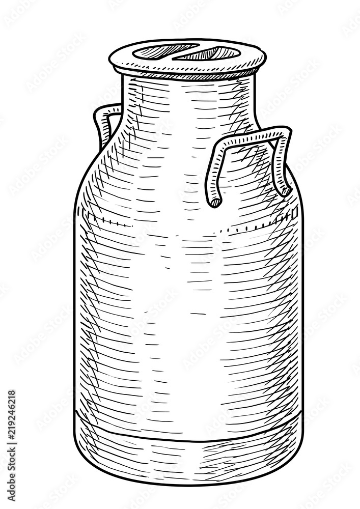 Can container for milk illustration, drawing, engraving, ink, line art ...