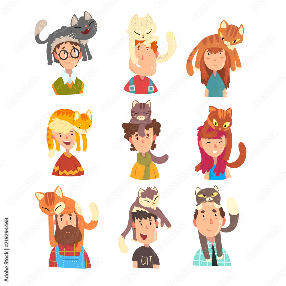 People with funny cats sitting on their heads set, adorable pets and ...