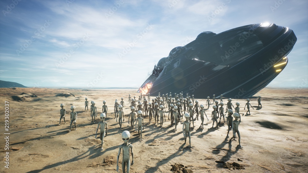 Aliens are evacuated from a fallen and burning spaceship. 3D Rendering ...