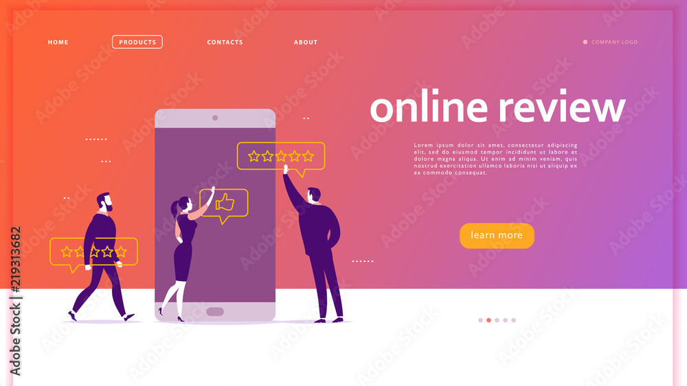 Vector web page concept design with online review theme. Office people ...