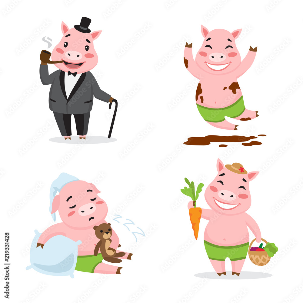 Cute pig enjoying different actions. Cartoon character set. Smoking ...