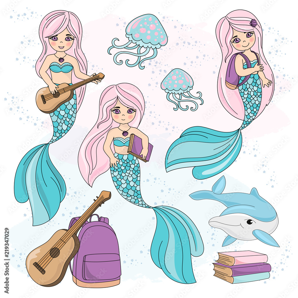 School Autumn Sea Underwater Vector Illustration Set MERMAID KIDS for ...