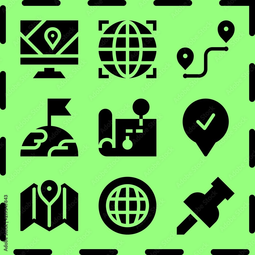 Simple 9 icon set of map related map, globe, globe and route vector ...