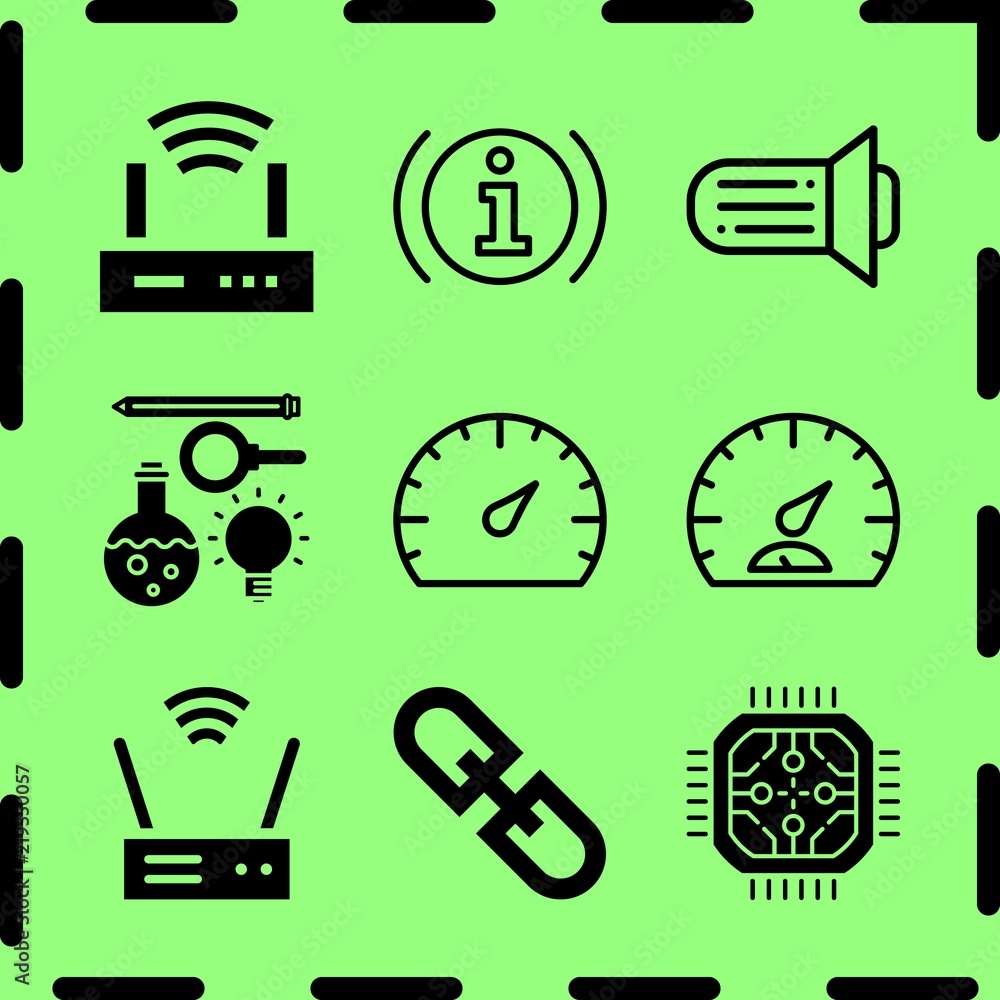Simple 9 icon set of network related dashboard, cpu, science and router ...
