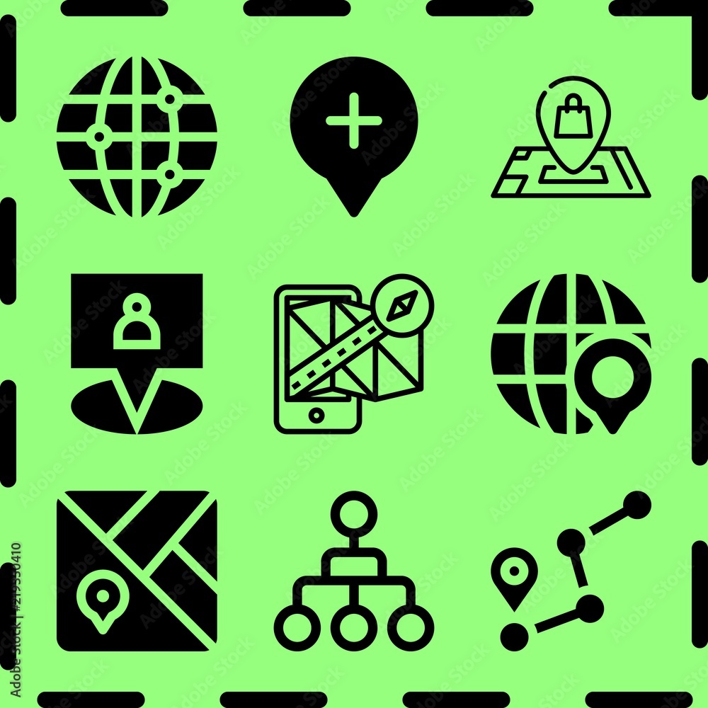 Simple 9 icon set of map related global, gps, route and globe vector ...