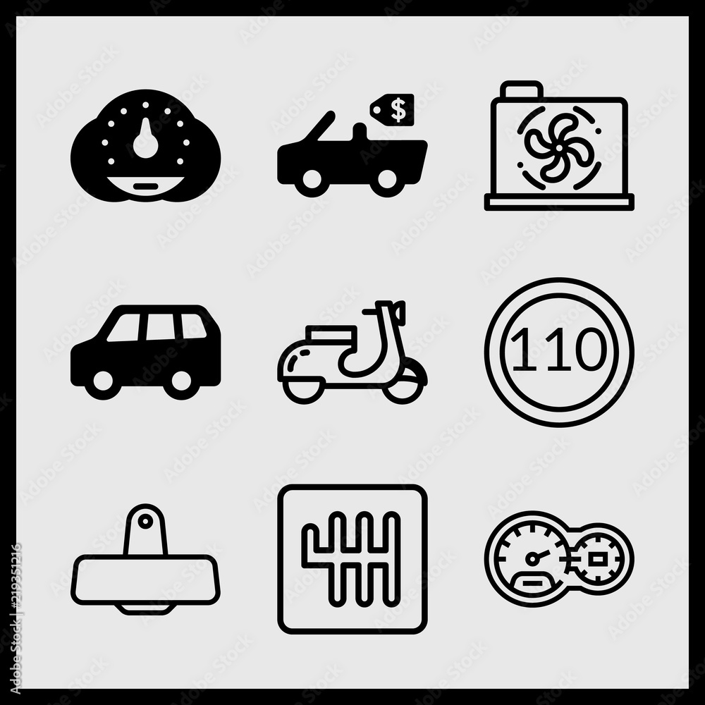 Simple 9 icon set of car related speedometer, speedometer, car engine ...