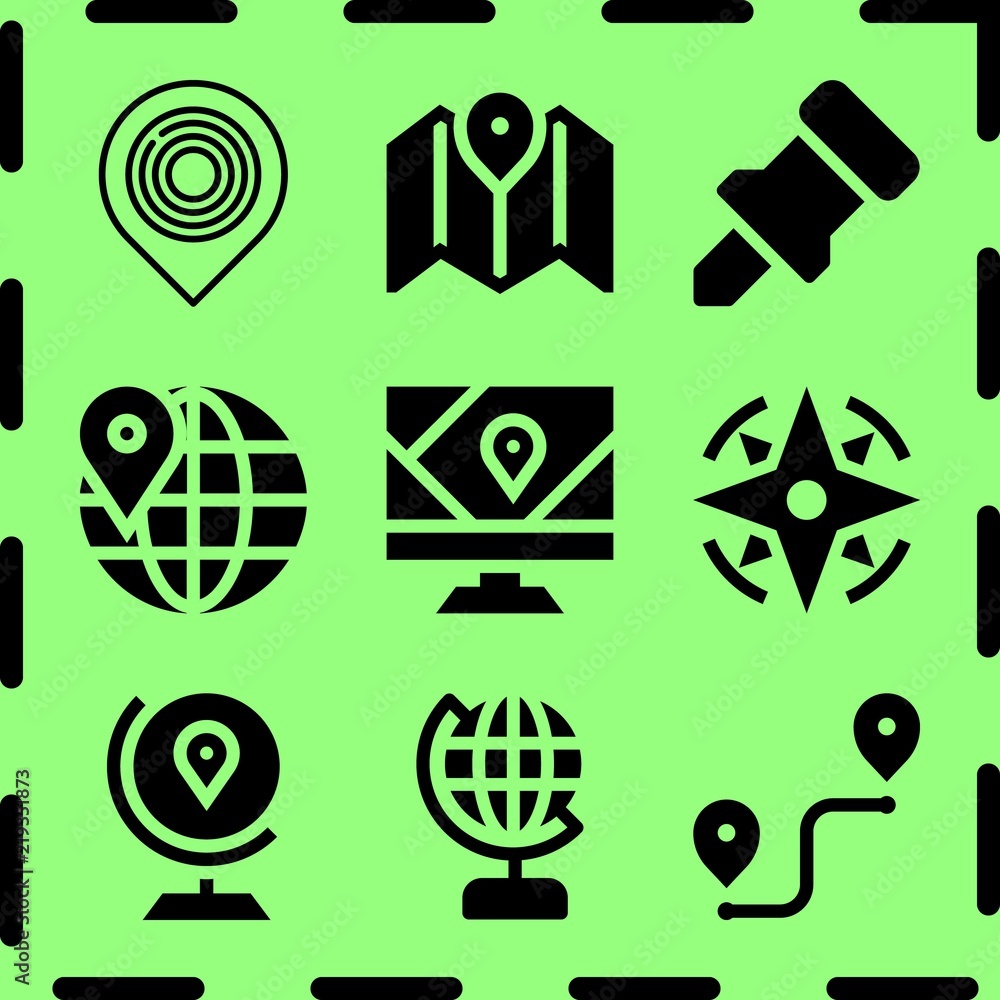 Simple 9 icon set of map related map, globe, route and pin vector icons ...