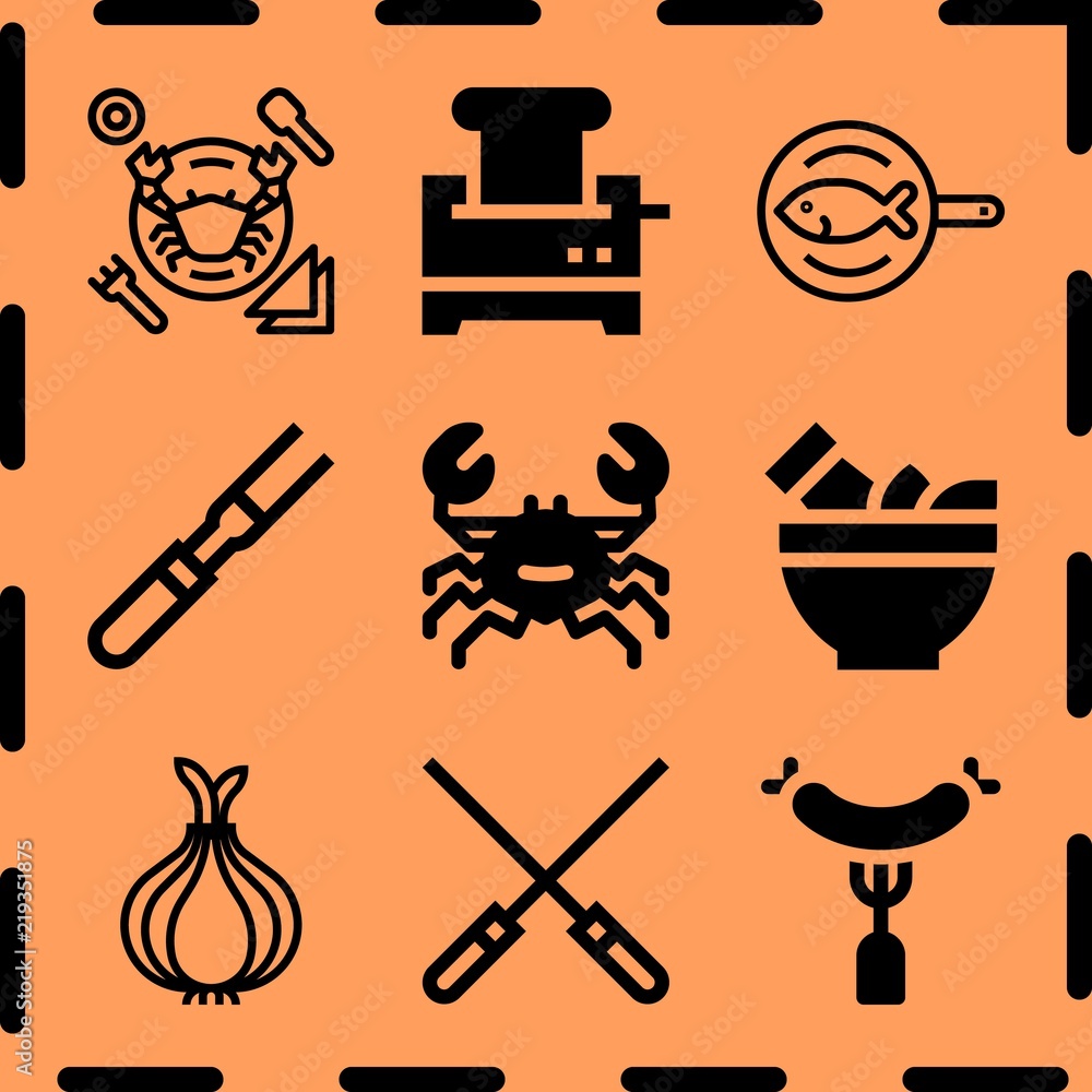 Simple 9 icon set of cooking related mortar, frying pan, crab and crab ...