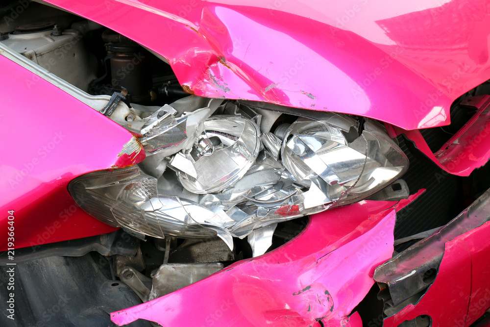 pink car accident damaged to headlights front, broken headlights car ...