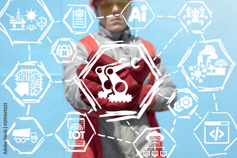 Engineer offers a robotics arms icon on a virtual panel. Mechanical ...