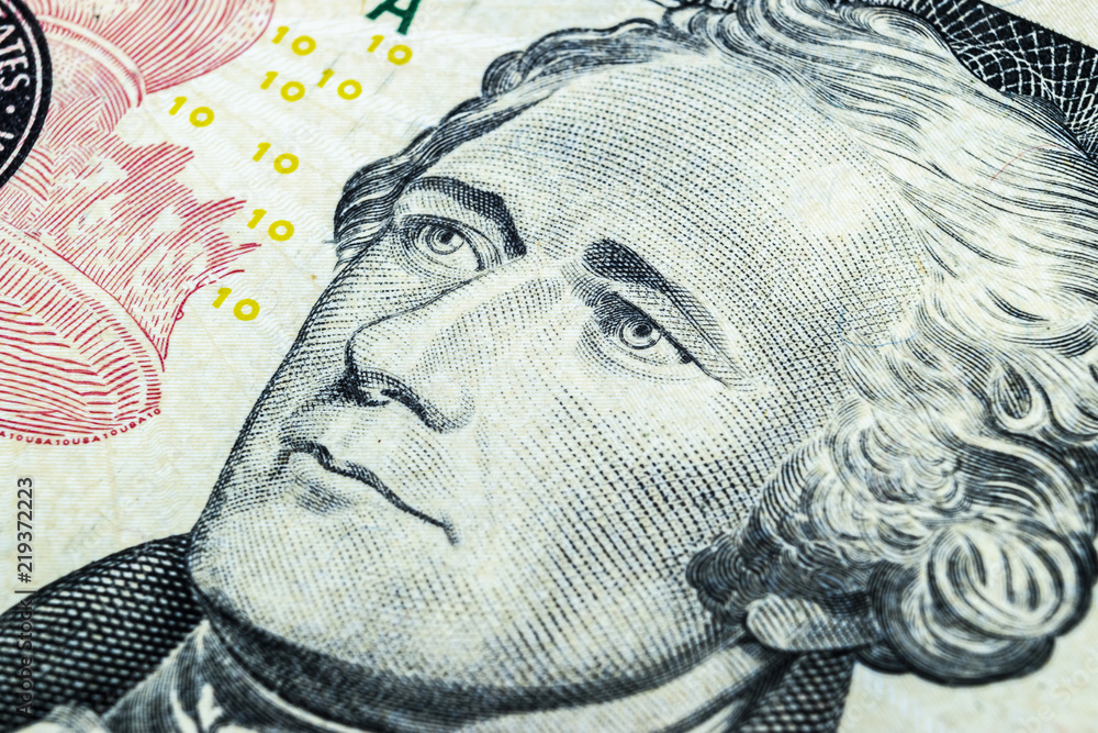 Close up view Portrait of Alexander Hamilton on the one ten dollar bill ...