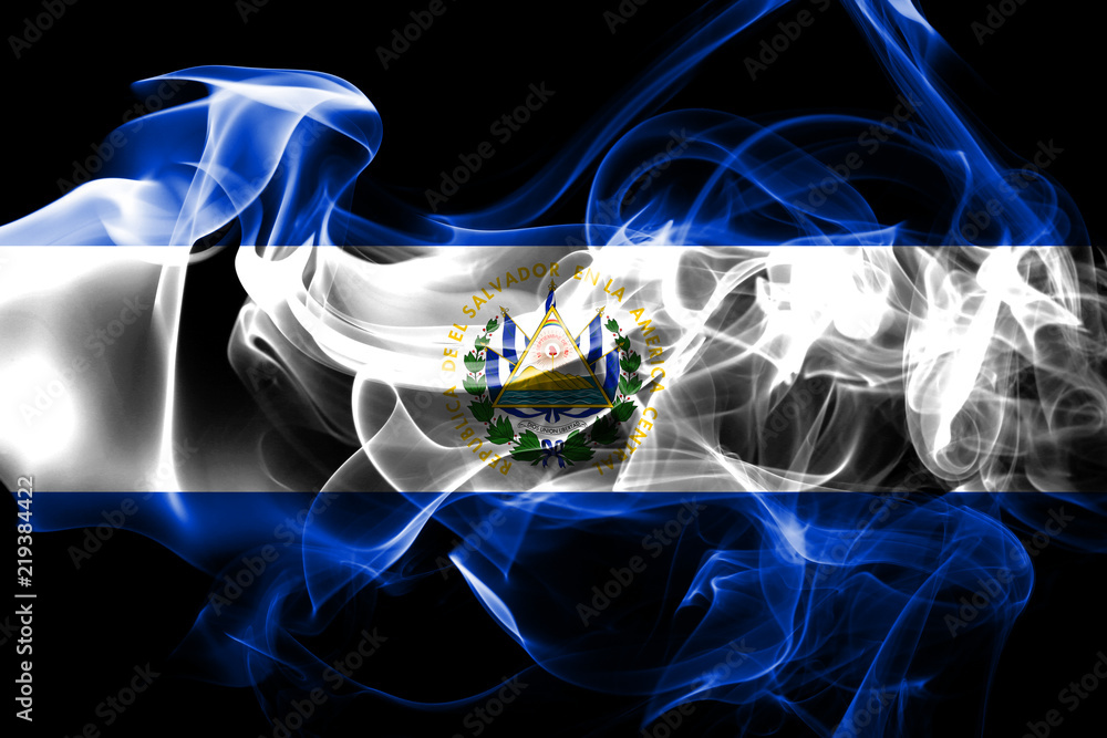 National flag of El Salvador made from colored smoke isolated on black ...