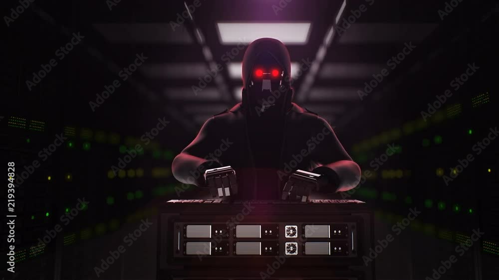 Robot, Cyborg Hacker working on a server computer in a server room. Security artificial ...