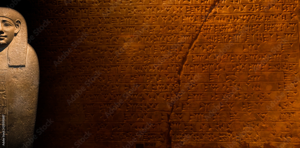 Collage of granite sarcophagus of Egyptian pharaoh and ancient ...