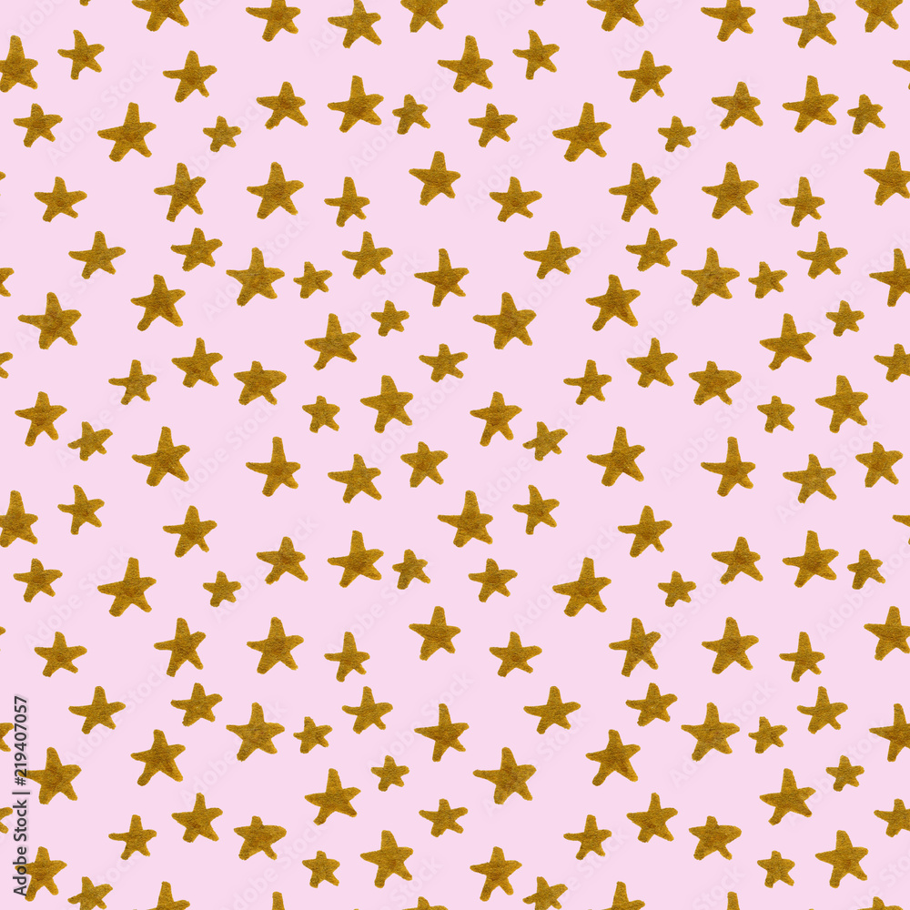 Hand Drawn golden stars. Seamless pink pattern with gold stars. Gift ...