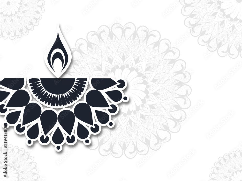 Sticker style creative oil lamp on white floral background for Diwali ...