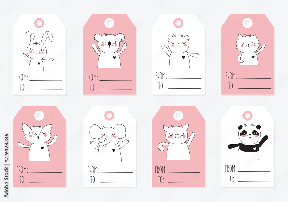 Vector collection of tags with cute animals in pastel colors Stock ...