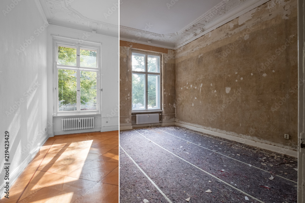 apartment renovation - empty room before and after refurbishment Stock ...