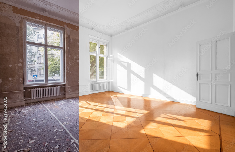 home renovation - empty room before and after refurbishment Stock Photo ...