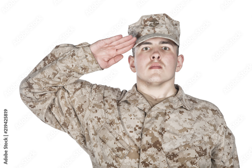 Shoulder studio portrait of smiling United States army soldier, marine ...