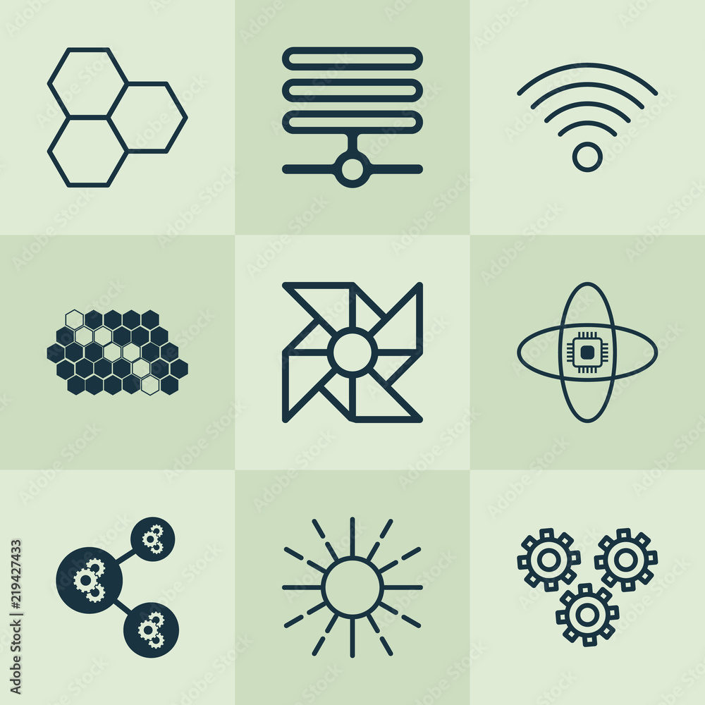 Learning icons set with computer brain, wi-fi, gear algorithm and other ...