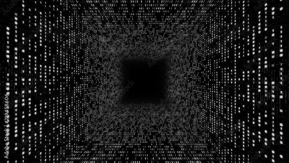 Abstract background with flying into digital tunnel from flickering particles, digits 0 and 1 as ...