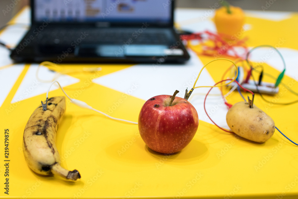 Fruit piano with kids. STEM education activity allow kids to play music ...