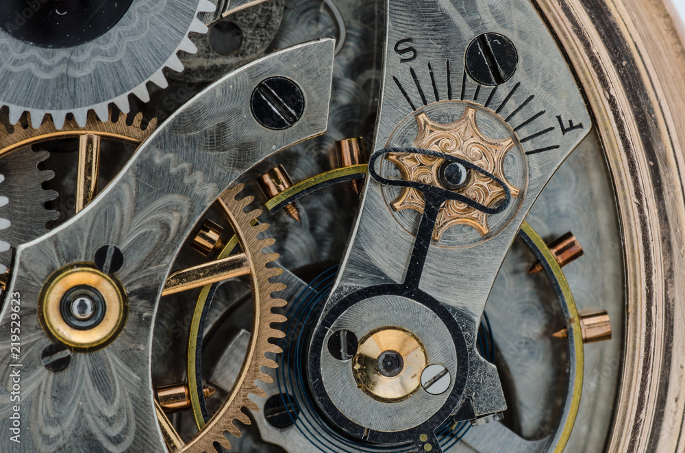 Macro of the interior of an antique gold pocket watch showing the fast ...