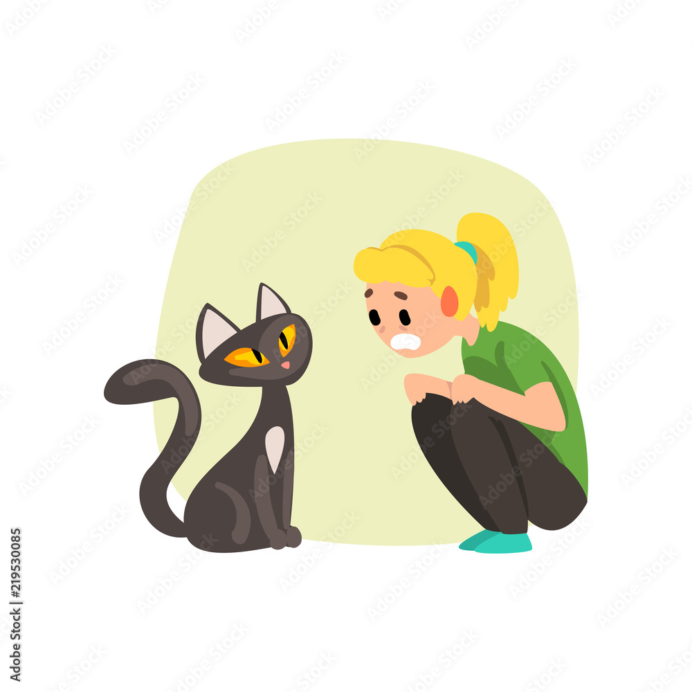 Girl frightened by cat, girl suffering from ailurophobia, human fear ...