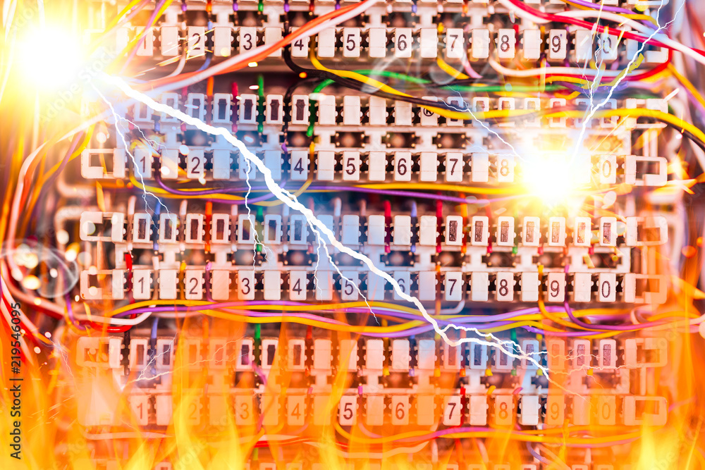 Lightning electricity shock fire burn telephone cable line switchboard ...