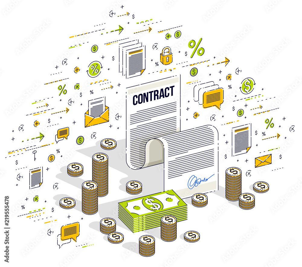Contract sheet paper legal document and cash money stacks isolated on ...