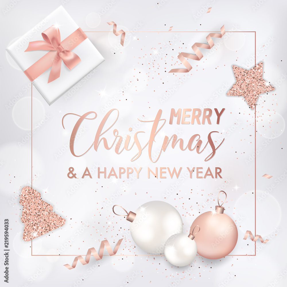 Elegant Merry Christmas Card with Rose Gold Christmas Tree Balls, Stars ...