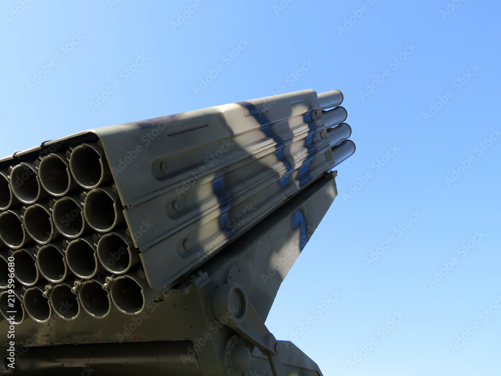 Russian missile launcher BM-21 Grad on blue sky background. Multiple ...