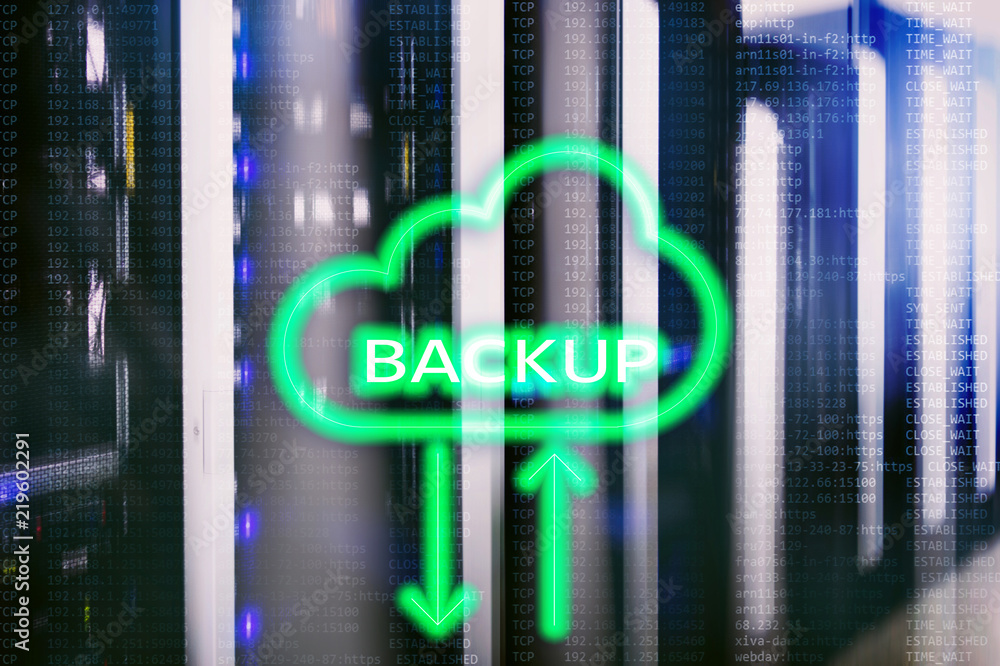 Backup button on modern server room background. Data loss prevention ...