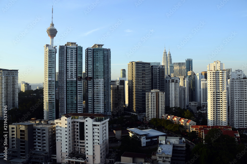 Kuala Lumpur, Buildings, skyline KL tower and Petronas twin towers ...