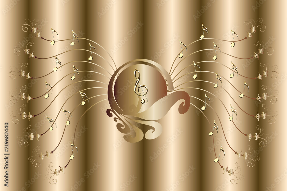 brown background with golden music notes and treble clef - musical ...
