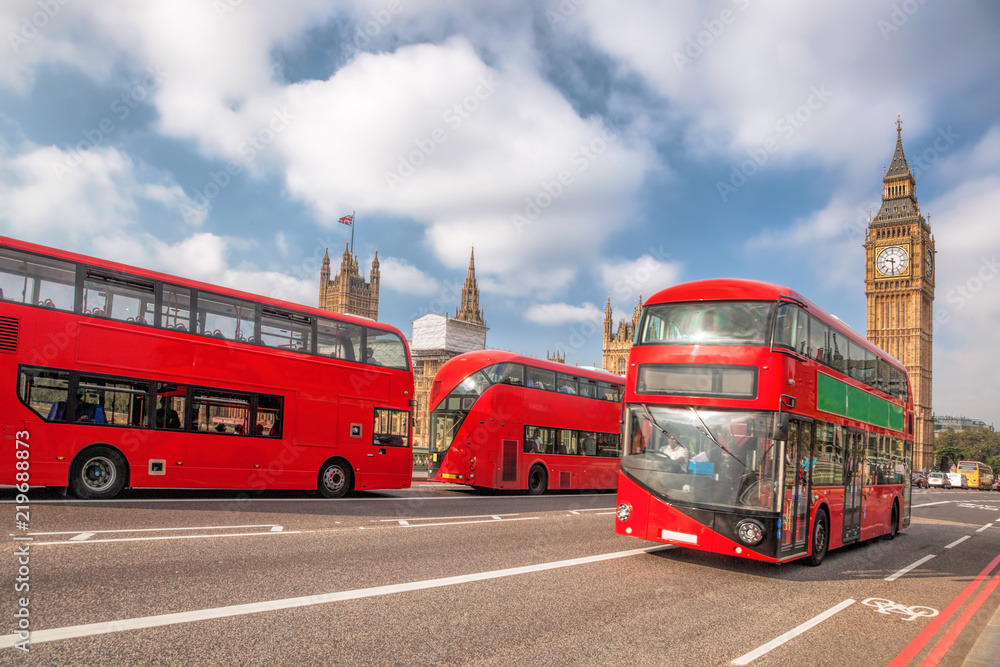 Big Ben with red buses in London, England, UK Stock Photo | Adobe Stock