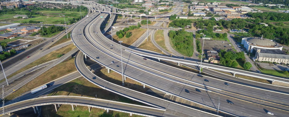 Panorama aerial view massive interstate I69 highway intersection, stack ...