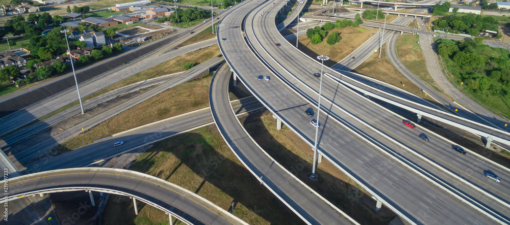 Panorama aerial view massive interstate I69 highway intersection, stack ...