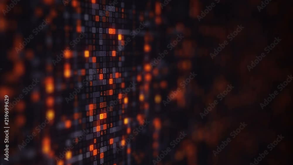 Orange random numbers on computer monitor. Futuristic big data ...