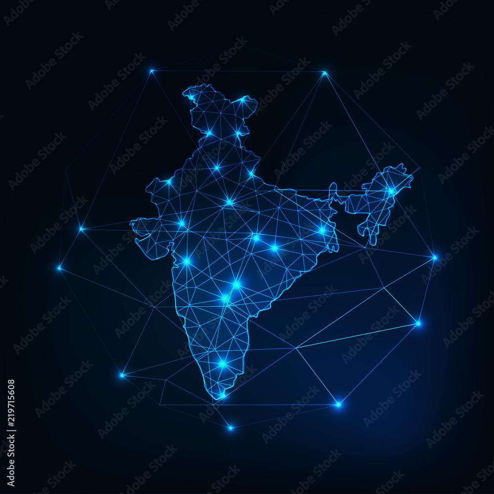 India map glowing silhouette outline made of stars lines dots triangles ...