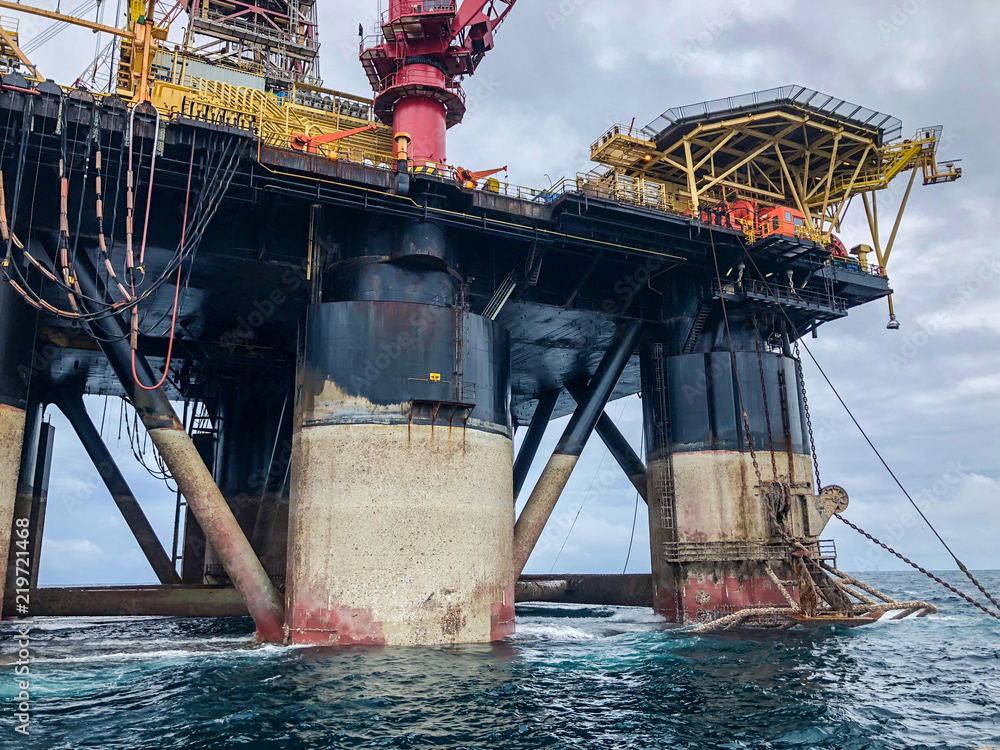 Semi submersible drilling rig view from crew vessel's deck. Rig ...