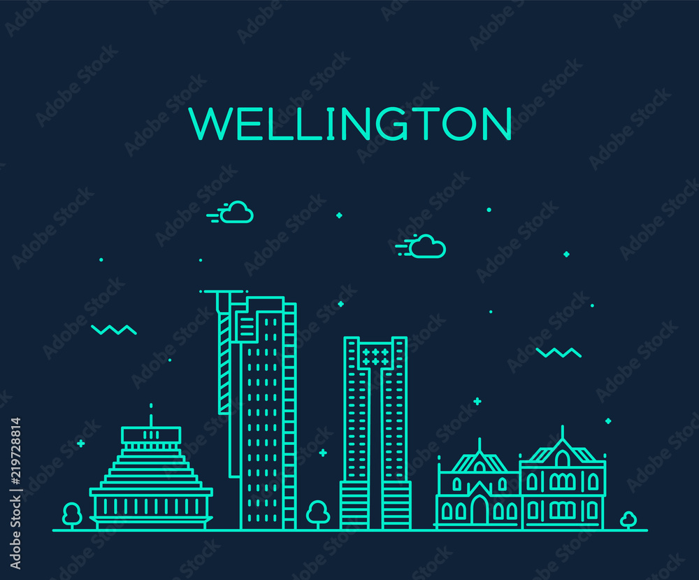 Wellington city skyline New Zealand vector linear Stock Vector | Adobe ...