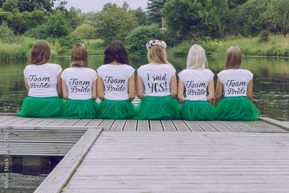 Bride team party with 6 girls at national botanic garden. Stock Photo ...