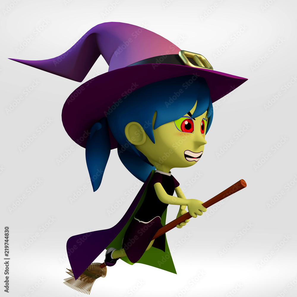 halloween, girl dressed up as witch flying with broom running on white ...